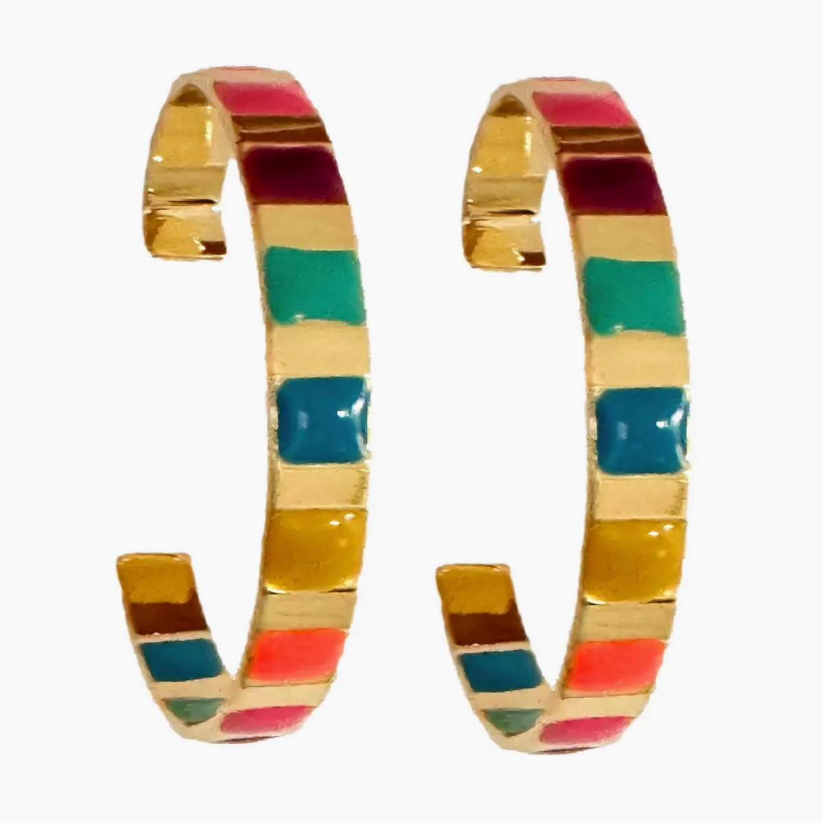 Gold and Rainbow Enamel Striped Hoop Statement Earrings – II Brunettes